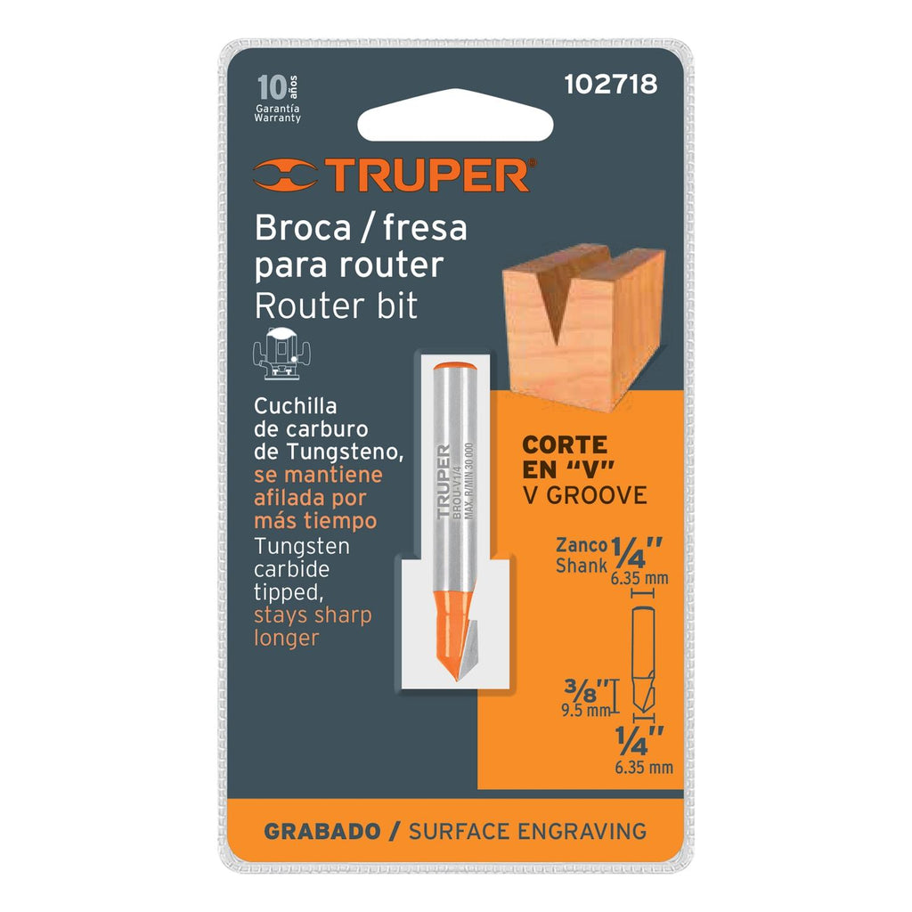 Broca para router, corte en "V" de 1/4" | Mundo Tool Ferreterías