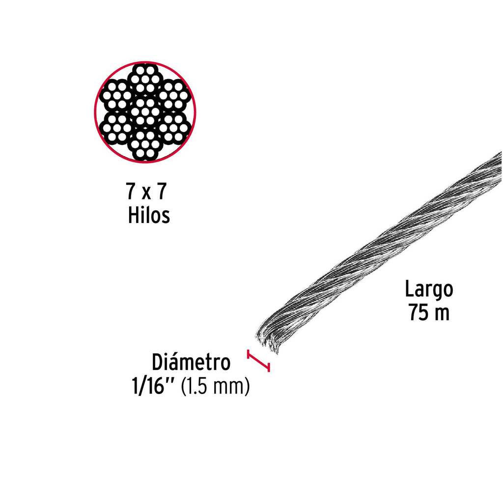 Cable rígido de acero 1/16', 7X7, 75 m Fiero | Mundo Tool Ferreterías