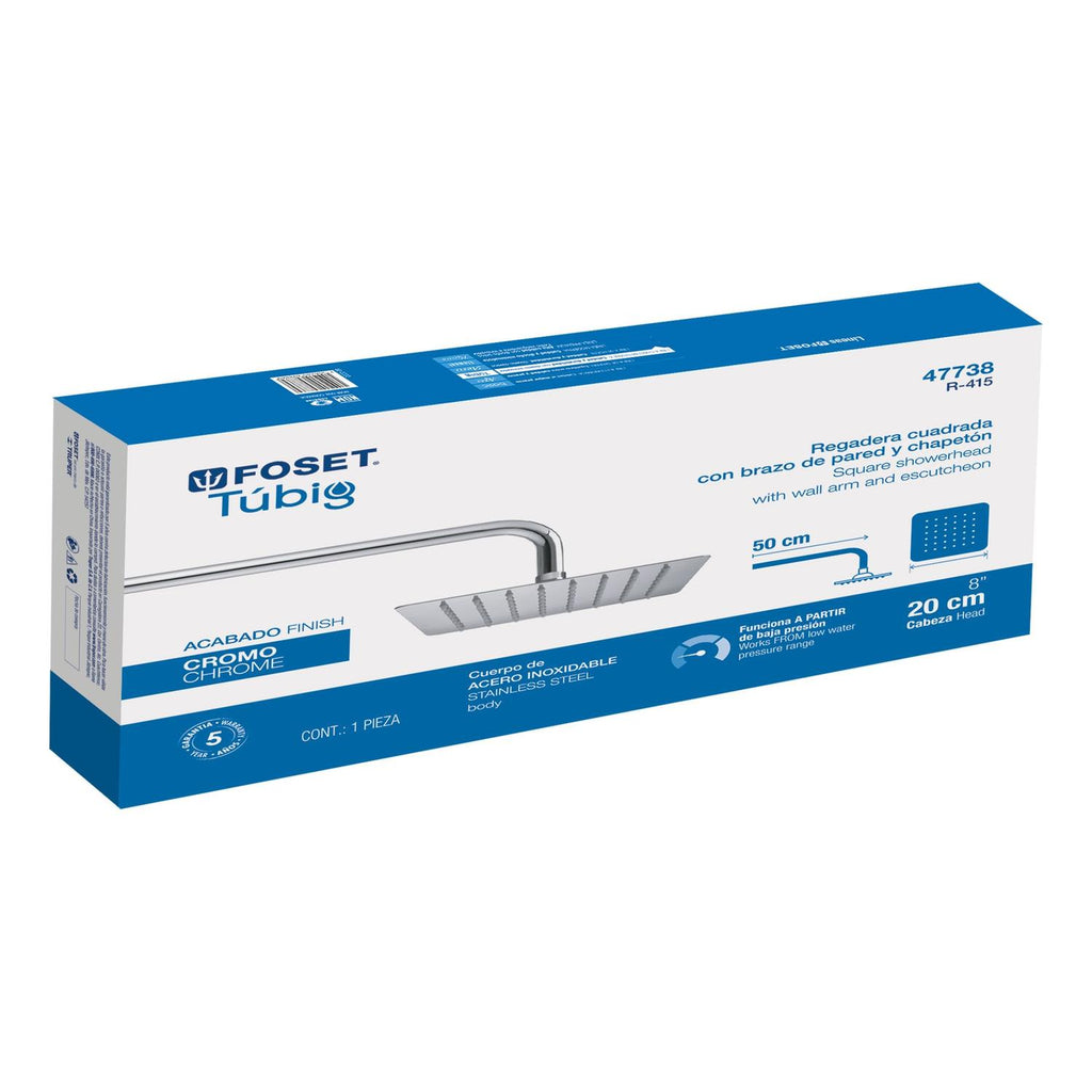 Regadera cuadrada 8", acero inox, con brazo, cromo, Túbig | Mundo Tool ...