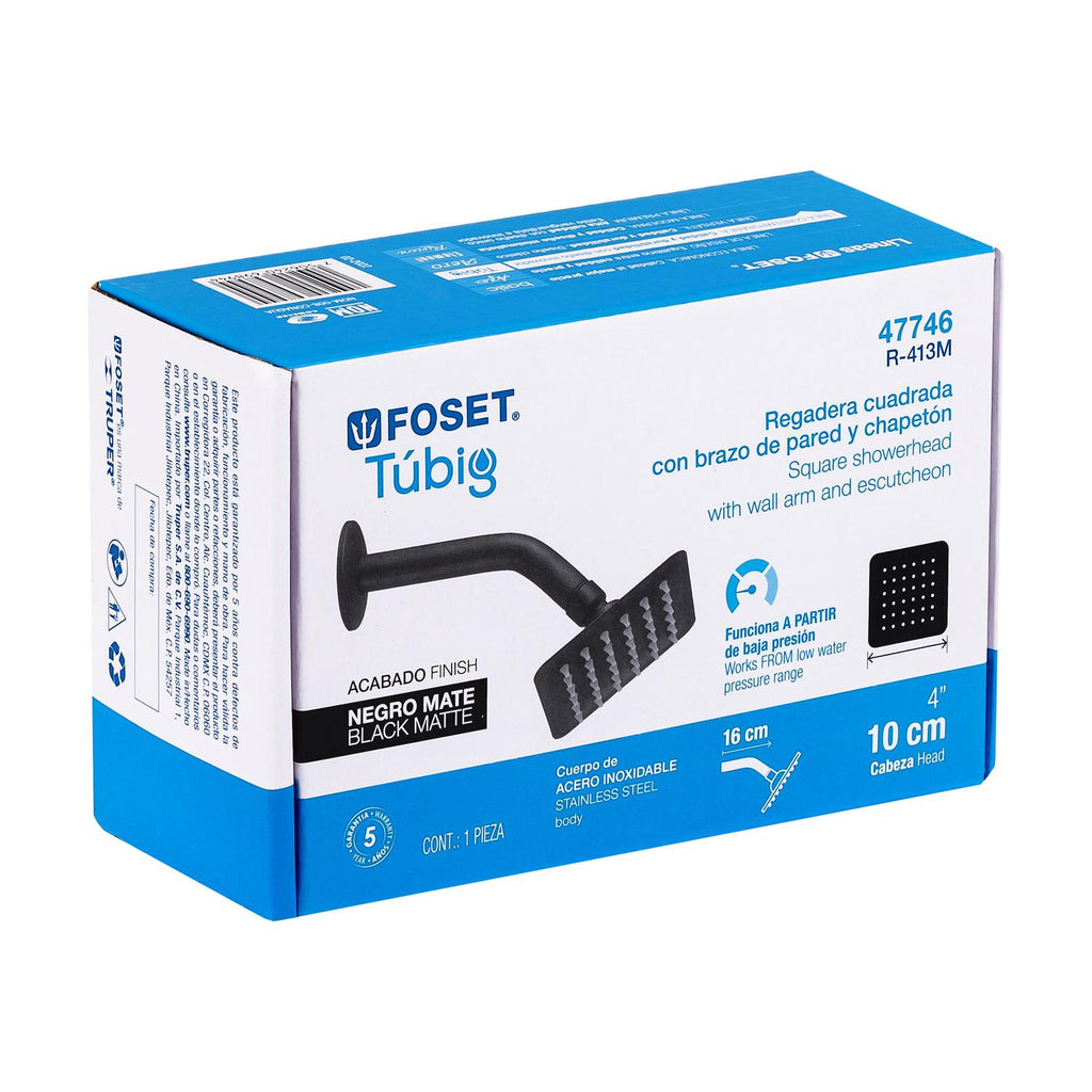 Regadera cuadrada 4", acero inox, con brazo, negro, Túbig | Mundo Tool ...